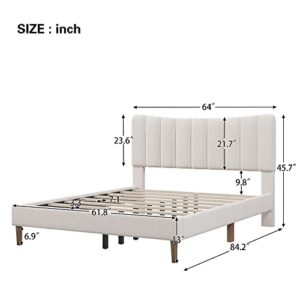 P PURLOVE Queen Linen Upholstered Platform Bed, Platform Bed Frame with Vertical Channel Tufted Headboard, No Box Spring Needed, Easy Assembly, Strong Wooden Slats, Cream