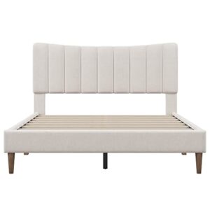 P PURLOVE Queen Linen Upholstered Platform Bed, Platform Bed Frame with Vertical Channel Tufted Headboard, No Box Spring Needed, Easy Assembly, Strong Wooden Slats, Cream