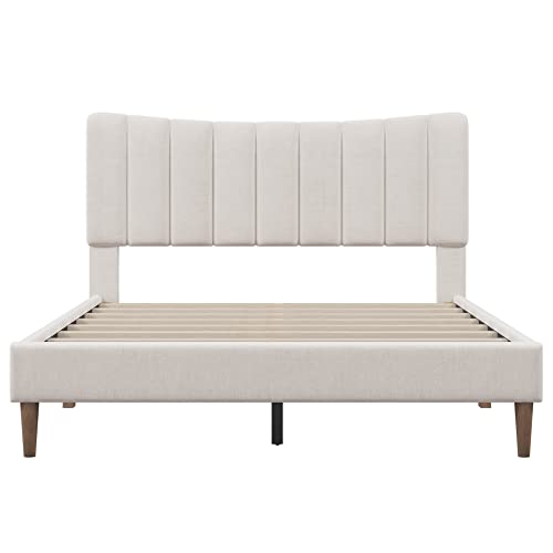 P PURLOVE Queen Linen Upholstered Platform Bed, Platform Bed Frame with Vertical Channel Tufted Headboard, No Box Spring Needed, Easy Assembly, Strong Wooden Slats, Cream