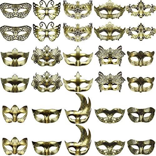 Yunsailing 30 Pieces Masquerade Mask Vintage Antique Masks with Straps for Women Men Halloween Carnival Wedding Party Favors (Gold)