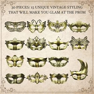 Yunsailing 30 Pieces Masquerade Mask Vintage Antique Masks with Straps for Women Men Halloween Carnival Wedding Party Favors (Gold)