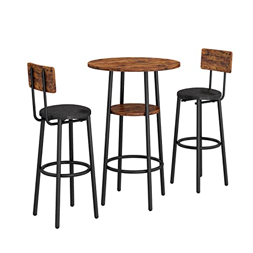 LTTROMAT 3 Piece Pub Table Set, Round Bistro Table and Bar Stool, Kitchen Counter Height Dining Table with Storage Shelves, Pu Cushion Chairs Set of 2, Modern Bar Table Set for Small Spaces