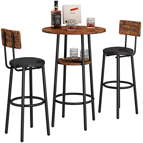 LTTROMAT 3 Piece Pub Table Set, Round Bistro Table and Bar Stool, Kitchen Counter Height Dining Table with Storage Shelves, Pu Cushion Chairs Set of 2, Modern Bar Table Set for Small Spaces