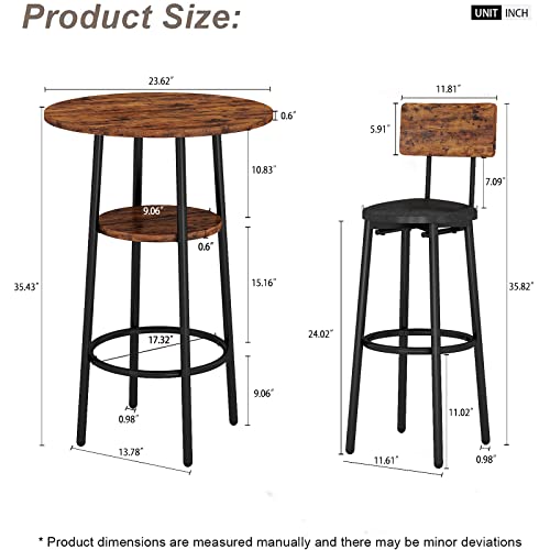 LTTROMAT 3 Piece Pub Table Set, Round Bistro Table and Bar Stool, Kitchen Counter Height Dining Table with Storage Shelves, Pu Cushion Chairs Set of 2, Modern Bar Table Set for Small Spaces