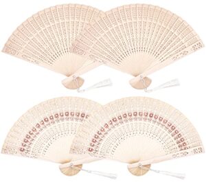 4 pack wooden folding fan with tassels, 2 types vintage wooden fan handheld folding fans sandalwood hand fan chinese sunflower pattern sandalwood fan for women foldable wedding favors baby shower