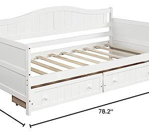 DHHU Wood Platform Bed/Twin Wooden Daybed with 2 Drawers/Wood Slat Support/White