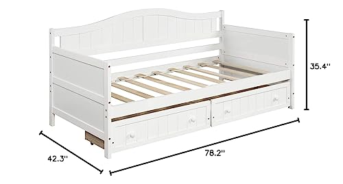 DHHU Wood Platform Bed/Twin Wooden Daybed with 2 Drawers/Wood Slat Support/White