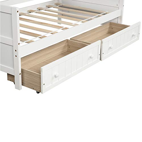 DHHU Wood Platform Bed/Twin Wooden Daybed with 2 Drawers/Wood Slat Support/White