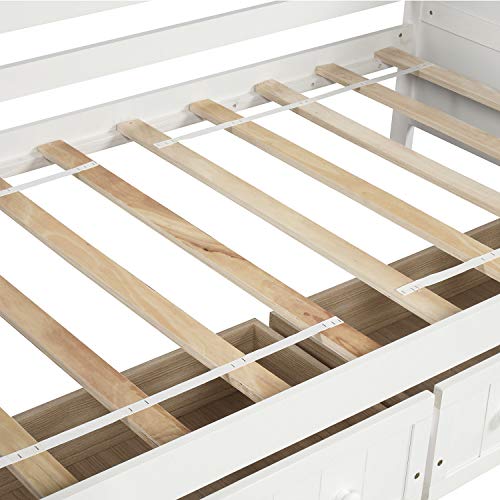 DHHU Wood Platform Bed/Twin Wooden Daybed with 2 Drawers/Wood Slat Support/White