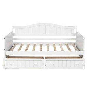 DHHU Wood Platform Bed/Twin Wooden Daybed with 2 Drawers/Wood Slat Support/White