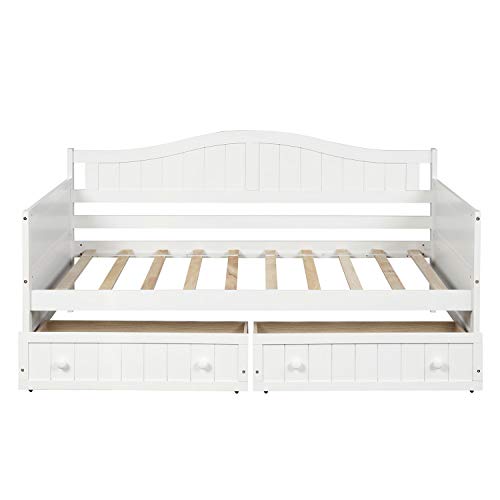 DHHU Wood Platform Bed/Twin Wooden Daybed with 2 Drawers/Wood Slat Support/White