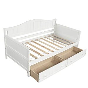 DHHU Wood Platform Bed/Twin Wooden Daybed with 2 Drawers/Wood Slat Support/White