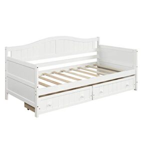 DHHU Wood Platform Bed/Twin Wooden Daybed with 2 Drawers/Wood Slat Support/White