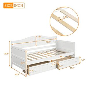 DHHU Wood Platform Bed/Twin Wooden Daybed with 2 Drawers/Wood Slat Support/White