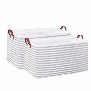 extra large storage basket organizer fabric storage bin for shelf closet organizer bin collapsible storage box with pu leather handles and drawstring closure (waterproof lining, grey stripe,2pack)