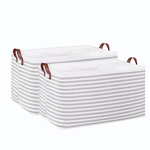 Extra Large Storage Basket organizer Fabric Storage Bin for shelf Closet Organizer Bin Collapsible Storage Box with PU Leather Handles and Drawstring Closure (Waterproof Lining, Grey Stripe,2Pack)