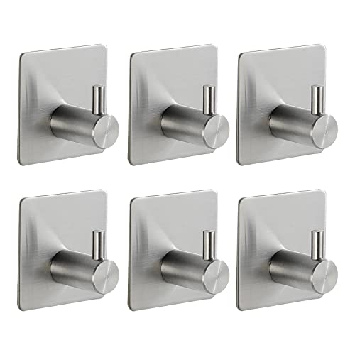 DOYFDOX Heavy Duty Adhesive Hooks Towel Hooks with Strong Adhesive Tapes – Waterproof Stainless Steel Wall 3M Hooks for Hanging Hat, Towel, Robe- Bathroom and Bedroom (A-6 Hooks)