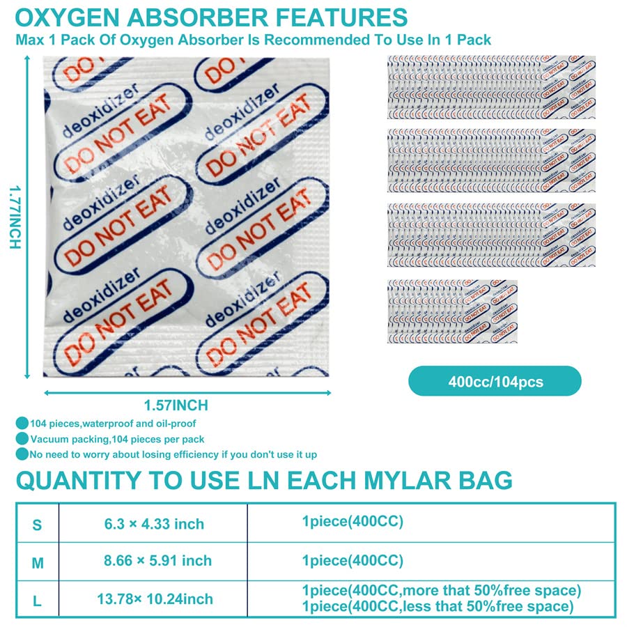 The Best Organized 100 Pack Mylar Bags for Food Storage with 100x400cc Oxygen Absorbers - 9 Mil 10'' x14'' 6'' x9'' 4.3'' x6.3'' Resealable Long Term Products & Ziplock Grade Pouches, (Myl_1)