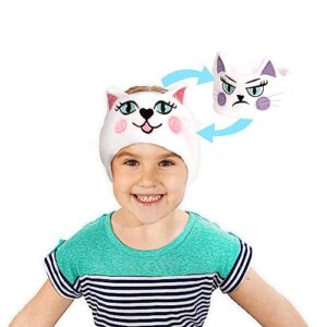 cozyphones over the ear bluetooth headband headphones - kids wireless headphones volume limited with thin speakers & super soft fleece headband - happy and sad cat