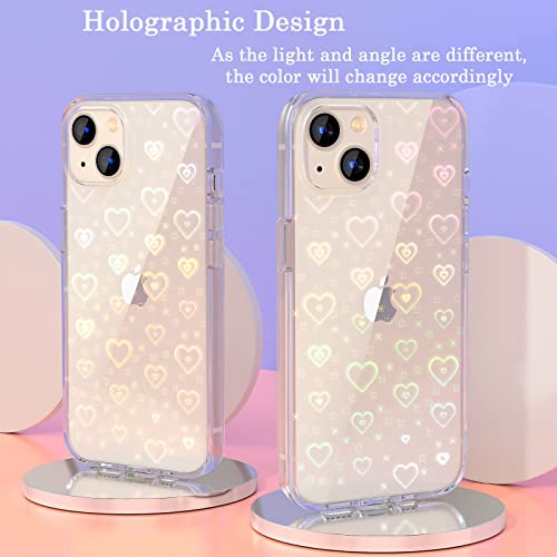 Tksafy Case Compatible iPhone 14 Case, Clear Glitter Cute Laser Holographic Love Heart Pattern for Women Girls, Anti-Yellow Hard PC Protective Phone Cover for iPhone 14 6.1-inch 2022, Rainbow Heart