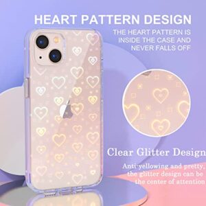 Tksafy Case Compatible iPhone 14 Case, Clear Glitter Cute Laser Holographic Love Heart Pattern for Women Girls, Anti-Yellow Hard PC Protective Phone Cover for iPhone 14 6.1-inch 2022, Rainbow Heart