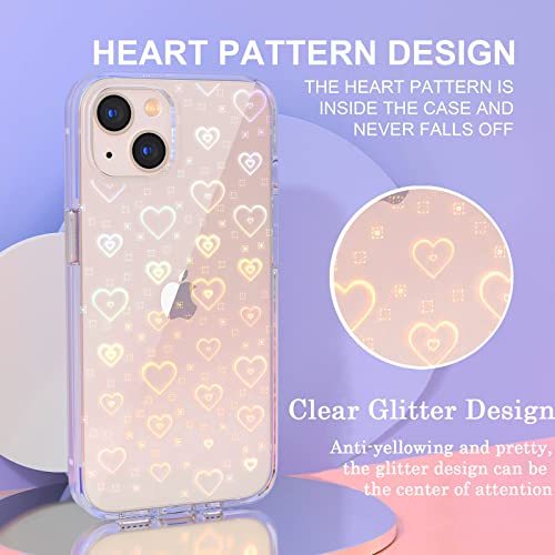 Tksafy Case Compatible iPhone 14 Case, Clear Glitter Cute Laser Holographic Love Heart Pattern for Women Girls, Anti-Yellow Hard PC Protective Phone Cover for iPhone 14 6.1-inch 2022, Rainbow Heart