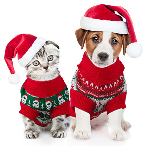 Tiibot 2 Pack Christmas Pet Sweaters Xmas Winter Knitwear with Reindeer Snowman Soft Warm Dog Clothes Argyle Christmas Pet Coats Outfits for Kitty Puppy Cat, Large