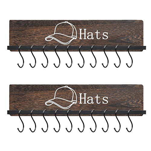 FANGSUN Hat Rack for Wall, Wooden Baseball Cap Organizer with 20 Hooks, Metal Rustic Hat Pattern Hat Display Rack, Ball Cap Hanger Wall Mounted Hat Storage Holder for Closet Bedroom Entry, Set of 2