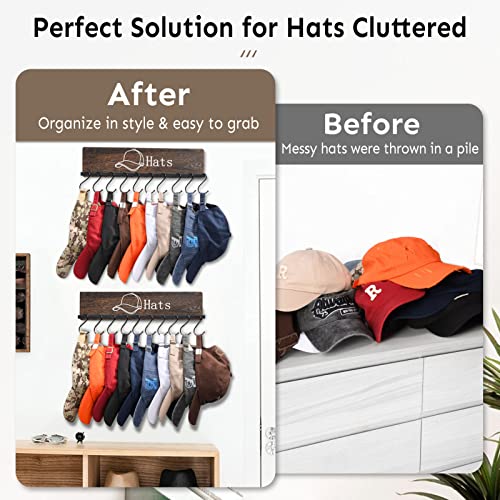 FANGSUN Hat Rack for Wall, Wooden Baseball Cap Organizer with 20 Hooks, Metal Rustic Hat Pattern Hat Display Rack, Ball Cap Hanger Wall Mounted Hat Storage Holder for Closet Bedroom Entry, Set of 2