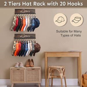 FANGSUN Hat Rack for Wall, Wooden Baseball Cap Organizer with 20 Hooks, Metal Rustic Hat Pattern Hat Display Rack, Ball Cap Hanger Wall Mounted Hat Storage Holder for Closet Bedroom Entry, Set of 2