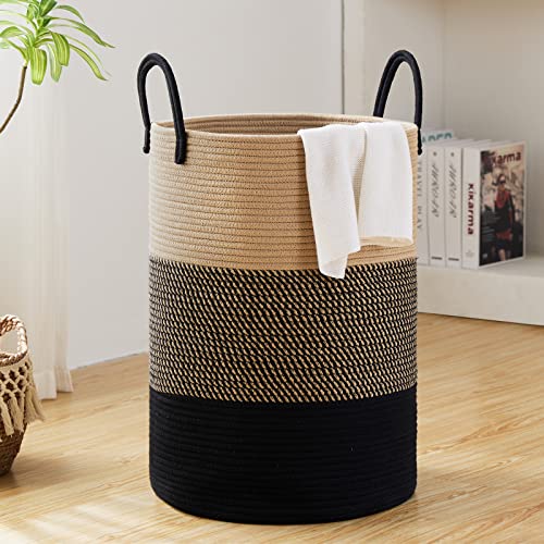 72L Large Woven Laundry Hamper by Fiona's magic, Tall Cotton Rope Storage Basket, Jute Baby Nursery Hamper for Blankets, Toys and Clothes in Bedroom and Living Room Organizing, Brown & Black