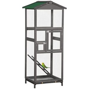 pawhut 65" wooden bird cage outdoor aviary house for parrot, parakeet, with pull out tray and 2 doors, grey