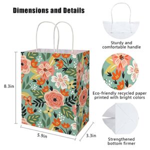 GELYIJIX Small Paper Gift Bags with Handle,Cute Bulk Gift Bags for Women,Men,Party,Holiday,Green Watercolor Floral,8 PC