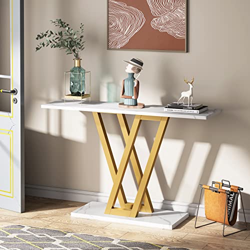 Tribesigns Gold Console Table, Modern Hallway Table for Entryway, 43 Inch Entryway Tables Narrow Sofa Table for Living Room, Stable Metal Frame & Easy Assemble, Faux Marble White