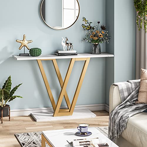 Tribesigns Gold Console Table, Modern Hallway Table for Entryway, 43 Inch Entryway Tables Narrow Sofa Table for Living Room, Stable Metal Frame & Easy Assemble, Faux Marble White