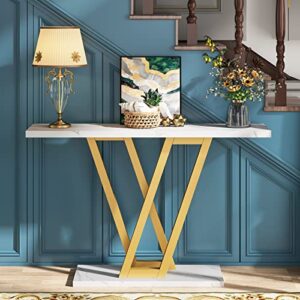 Tribesigns Gold Console Table, Modern Hallway Table for Entryway, 43 Inch Entryway Tables Narrow Sofa Table for Living Room, Stable Metal Frame & Easy Assemble, Faux Marble White