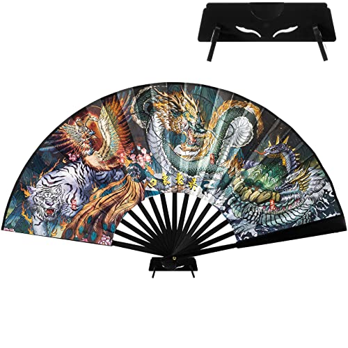 ESSSHOP 13" Large Folding Hand Rave Fan for Women/Men, Chinese Kung Fu Tai Chi Bamboo and Nylon-Cloth Foldable Held Fan with Fan Bracket for Party,Drag Queen,Decorations and Festival Gifts (Dragon)