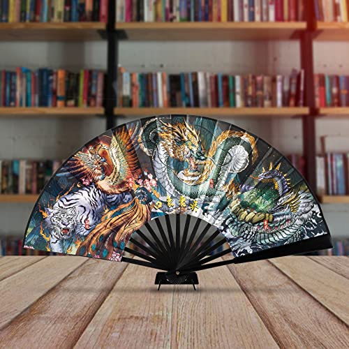 ESSSHOP 13" Large Folding Hand Rave Fan for Women/Men, Chinese Kung Fu Tai Chi Bamboo and Nylon-Cloth Foldable Held Fan with Fan Bracket for Party,Drag Queen,Decorations and Festival Gifts (Dragon)