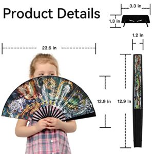 ESSSHOP 13" Large Folding Hand Rave Fan for Women/Men, Chinese Kung Fu Tai Chi Bamboo and Nylon-Cloth Foldable Held Fan with Fan Bracket for Party,Drag Queen,Decorations and Festival Gifts (Dragon)