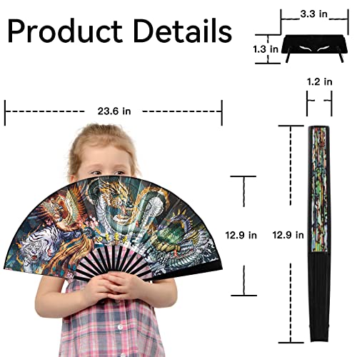 ESSSHOP 13" Large Folding Hand Rave Fan for Women/Men, Chinese Kung Fu Tai Chi Bamboo and Nylon-Cloth Foldable Held Fan with Fan Bracket for Party,Drag Queen,Decorations and Festival Gifts (Dragon)