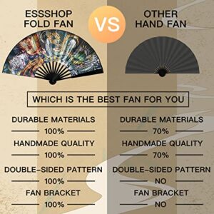 ESSSHOP 13" Large Folding Hand Rave Fan for Women/Men, Chinese Kung Fu Tai Chi Bamboo and Nylon-Cloth Foldable Held Fan with Fan Bracket for Party,Drag Queen,Decorations and Festival Gifts (Dragon)