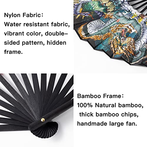 ESSSHOP 13" Large Folding Hand Rave Fan for Women/Men, Chinese Kung Fu Tai Chi Bamboo and Nylon-Cloth Foldable Held Fan with Fan Bracket for Party,Drag Queen,Decorations and Festival Gifts (Dragon)