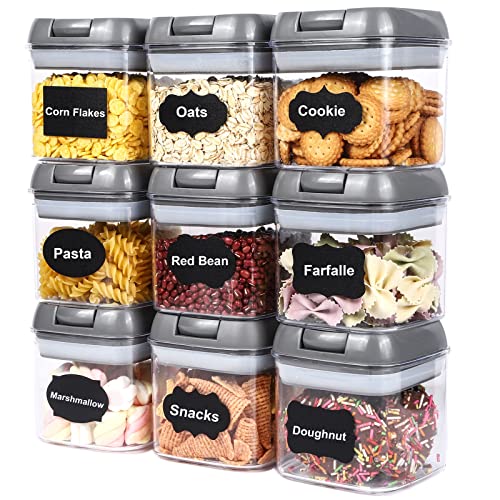 IFOUG 9 Pcs Airtight Food Storage Container Set, Clear Plastic Mini Container Set with Easy Lock Lids Labels & Marker, Kitchen Pantry Containers for Sugar, Herbs, Flour, Ceral etc (Grey)