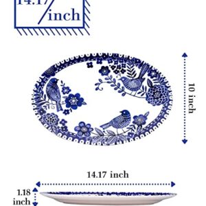 Sonemone 14 inch Blue Bird Serving Platter, Ceramic Oval Serving Plates for Entertaining Party Restaurant, Turkey, Dishwasher & Microwave Safe