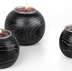 Vixdonos Wood Rustic Tea Light Candle Holder Set of 3 Black Round Votive Candle Holders with Elegant Carved Tree Texture