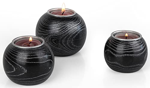 Vixdonos Wood Rustic Tea Light Candle Holder Set of 3 Black Round Votive Candle Holders with Elegant Carved Tree Texture