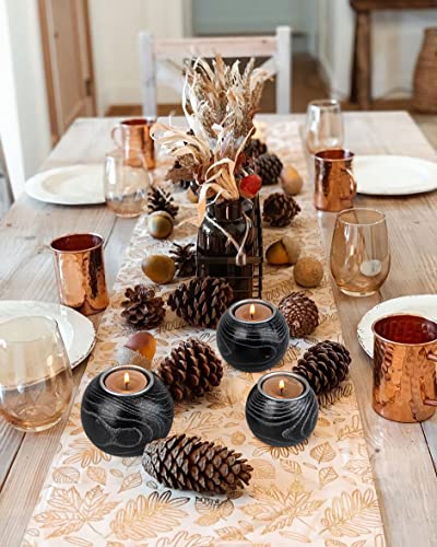 Vixdonos Wood Rustic Tea Light Candle Holder Set of 3 Black Round Votive Candle Holders with Elegant Carved Tree Texture