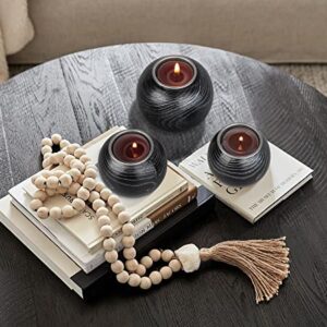 Vixdonos Wood Rustic Tea Light Candle Holder Set of 3 Black Round Votive Candle Holders with Elegant Carved Tree Texture