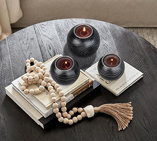 Vixdonos Wood Rustic Tea Light Candle Holder Set of 3 Black Round Votive Candle Holders with Elegant Carved Tree Texture