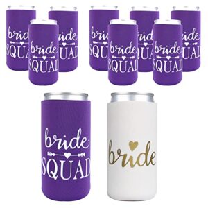 PartyGifts&Beyond 10Packs Bridesmaid Can Cooler, Bride Squad Can Sleeve for Bachelorette Party Decoration slim can koozies(Purple)